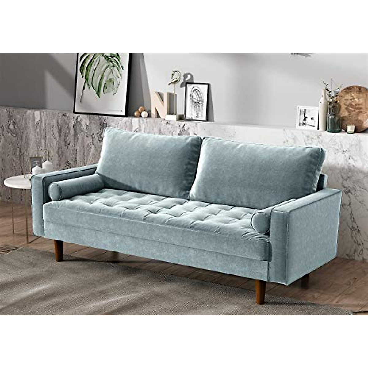 Container Furniture Direct Womble Velvet Upholstered Living Room Diamond Tufted Chesterfield Sofa with Gleaming Nailheads, Teal Blue