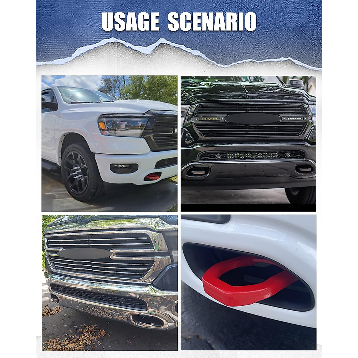 MEPARERI Ram 1500 Front Tow Hooks with Bumper Bezels Fit for 2019-2023 Dodge Ram 1500 Replace#82215268AB 68272944AB 68272945AB