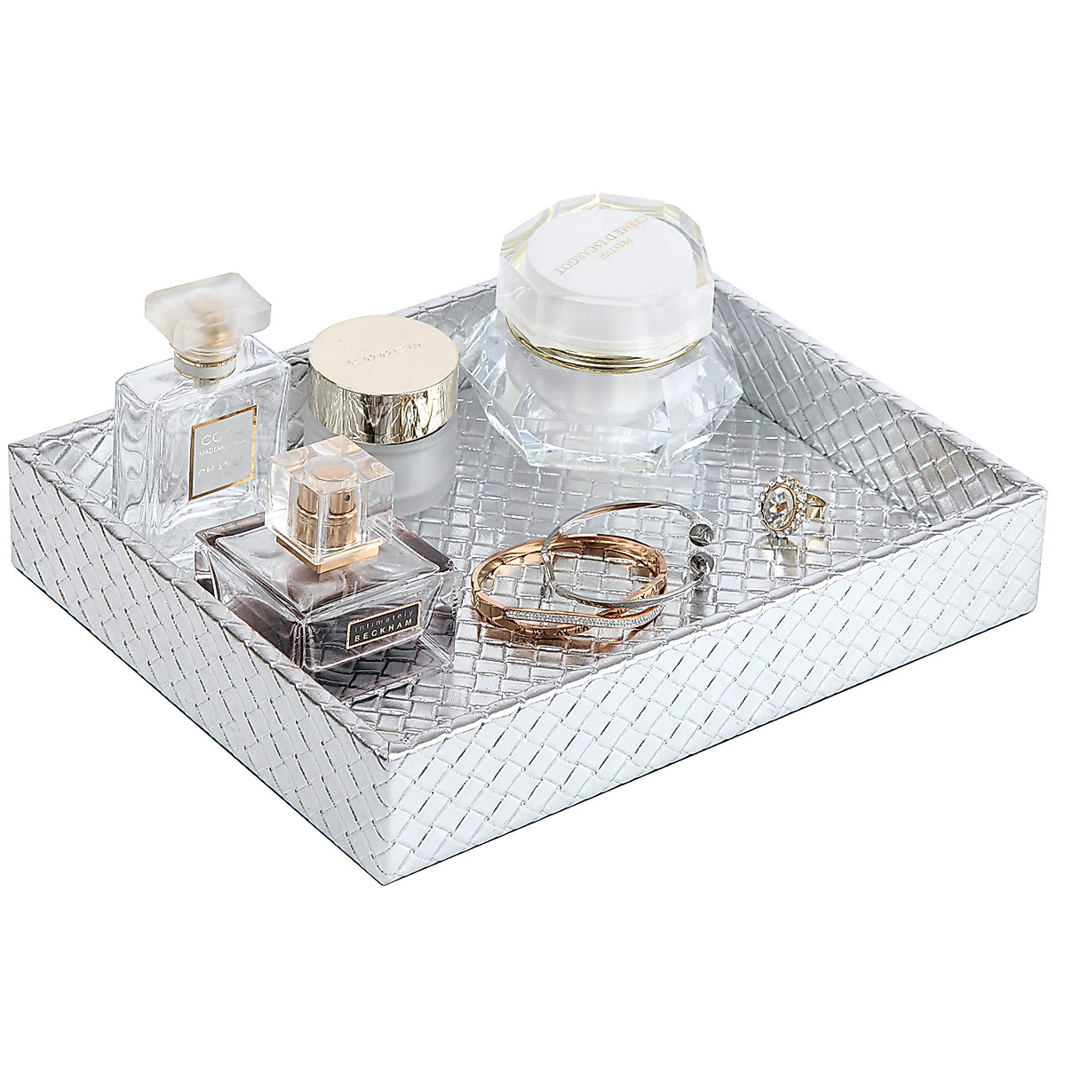 Gurfuy Rectangular Faux Leather Small Serving Tray 10" x 8" Modern Elegant Decorative Tray for Coffee Table Jewelry Perfume Organizer Living Dining Room Coffee Table Bathroom Office (Silver)