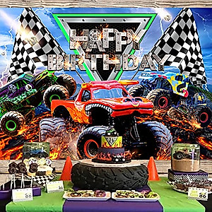 Newsely Truck Themed Birthday Party Backdrop 7Wx5H Monster Boys Kids Happy Birthday Background Photography Jam Burning Flame Car Grave Digger Party Decorations Banner Photo Booth Props Supplies