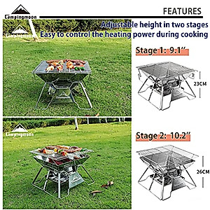 CAMPINGMOON Stainless Steel Portable Camping Grill & 8pcs of 13.8-inch Long Double Prong BBQ Skewers MT-2+MK-8
