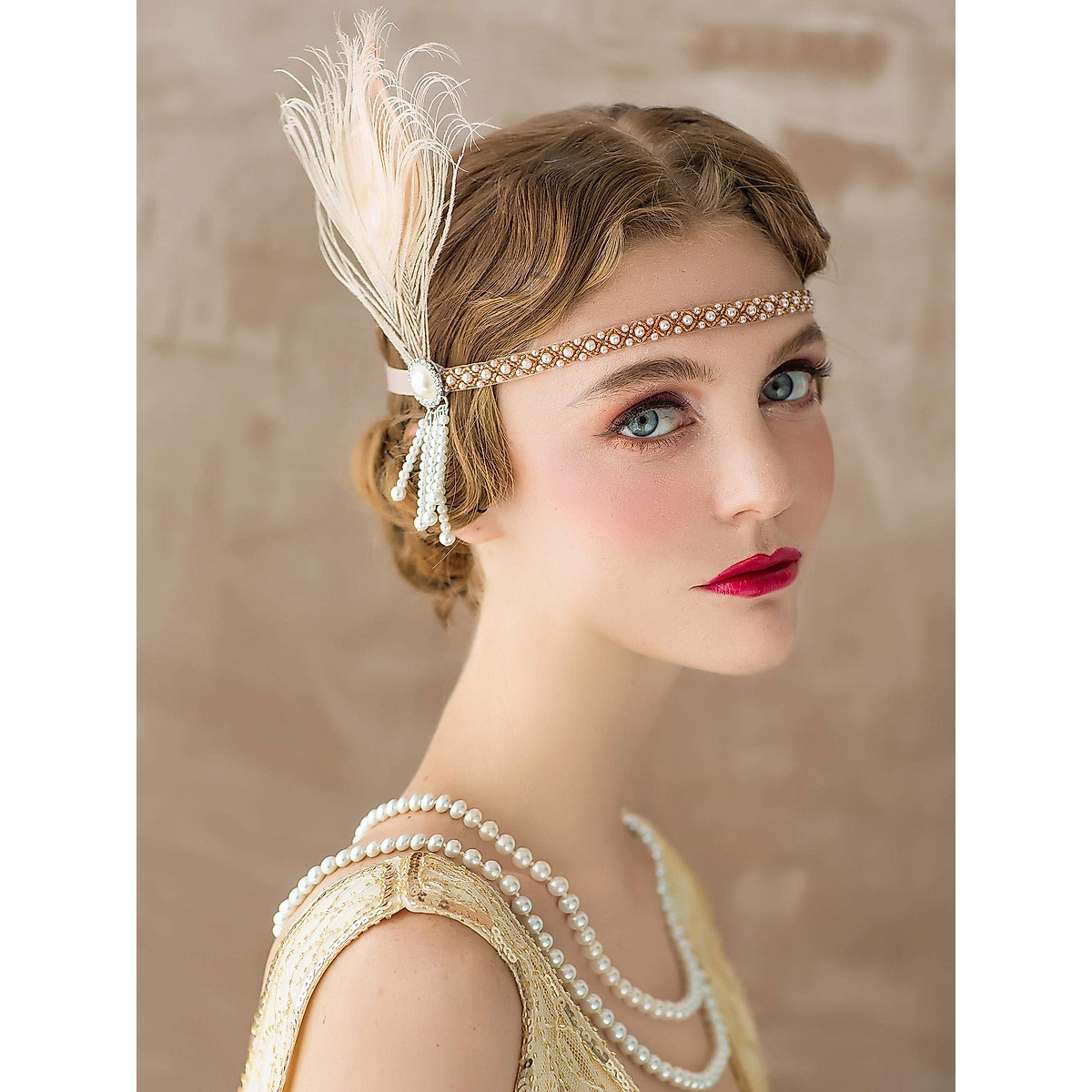 SWEETV 1920s Headpiece Flapper Headband, Pearl Peacock Feather Hair Band, Great Gatsby Accessoreis for Women, Blush Pink
