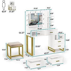 Hsozptry Makeup Vanity Desk with Mirror and Lights,Makeup Vanity Table Set with 5 Drawers,Cushioned Stool and Lightings, 45.51 inch Dressing Table for Bedroom Women Girls