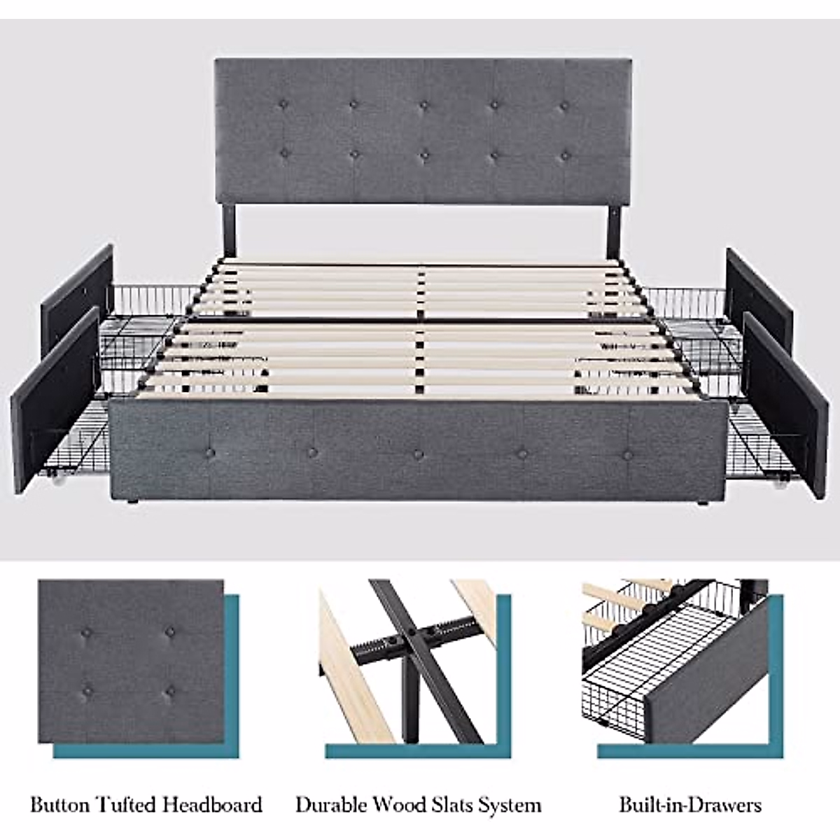 HOOMIC King Size Platform Bed Frame with 4 Storage Drawers, Adjustable Headboard, Square Stitched Button Tufted Design with Wooden Slats, No Box Spring Needed, Dark Grey