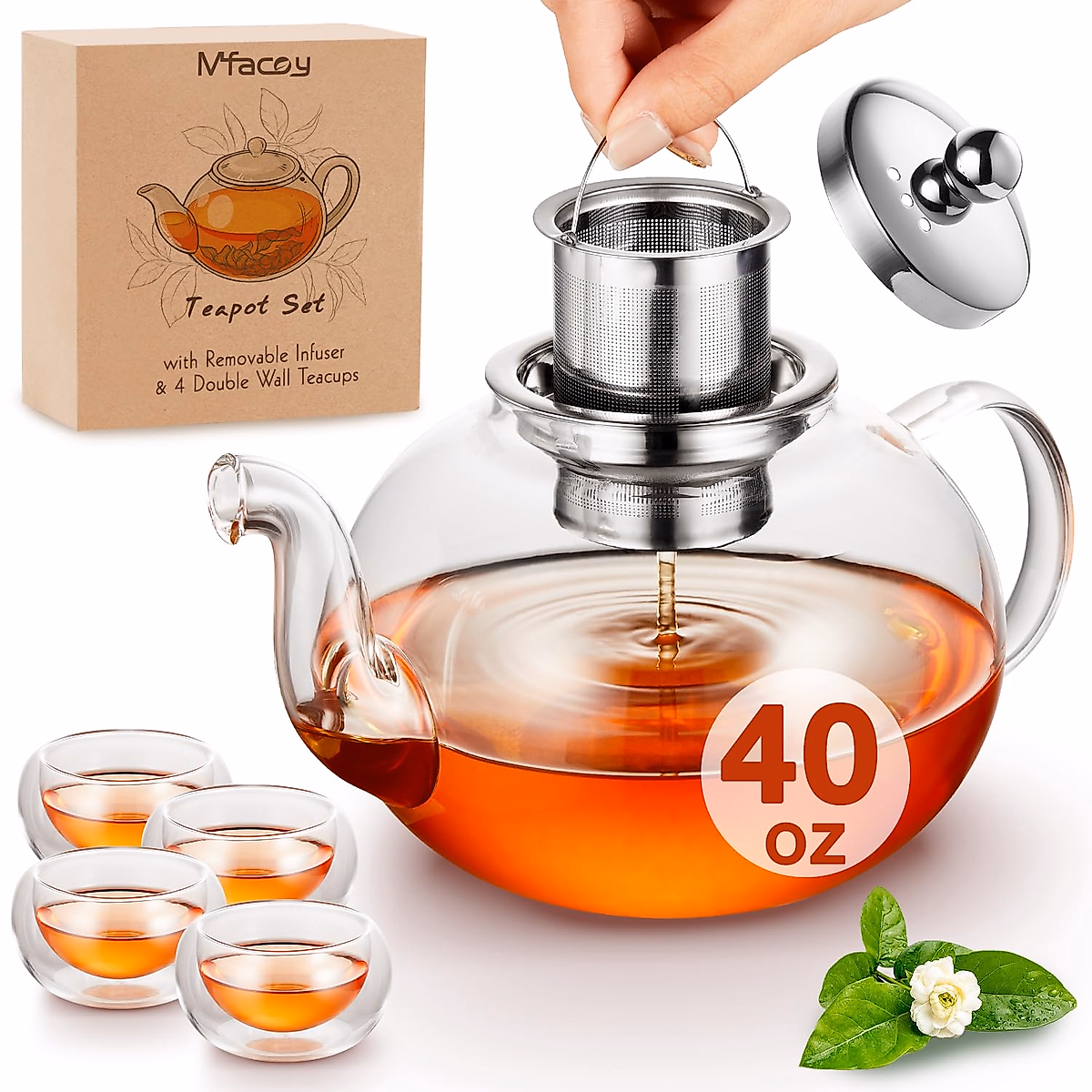 Large Glass Teapot Set, TeaPot (40 OZ/1200ml) with 4 Double Wall Teacups & Removable Stainless Steel Infuser, Stovetop Safe Tea Kettle, Blooming & Loose Leaf Tea Maker Set, Microwave Dishwasher Safe
