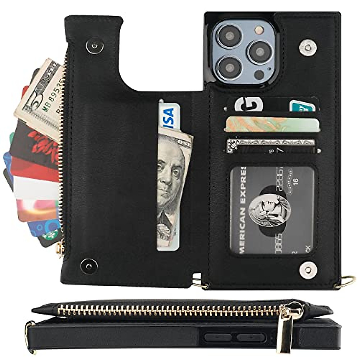 Bocasal Crossbody Wallet Case for iPhone 14 Pro Max with RFID Blocking Card Slot Holder, Magnetic Flip Folio Purse Case, PU Leather Zipper Handbag with Detachable Lanyard Strap 6.7 Inch 5G (Black)