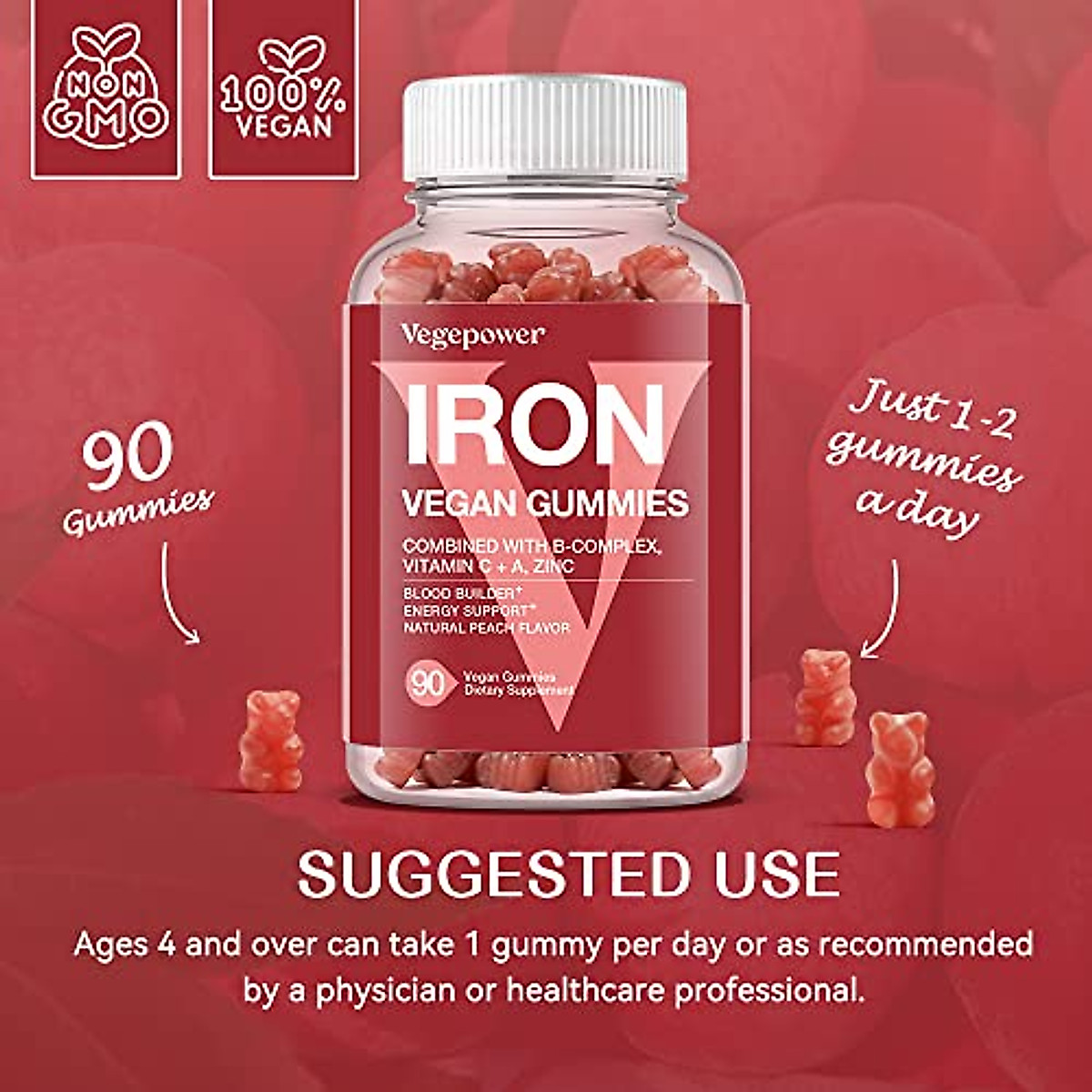 Vegan Iron Gummies Supplement - with Vitamin C, A, B-Complex, Folate, Zinc for Adults & Kids - Blood Builder & Energy Support for Iron Deficiency, Anemia, No After Taste - Peach Flavor (90 Ct)