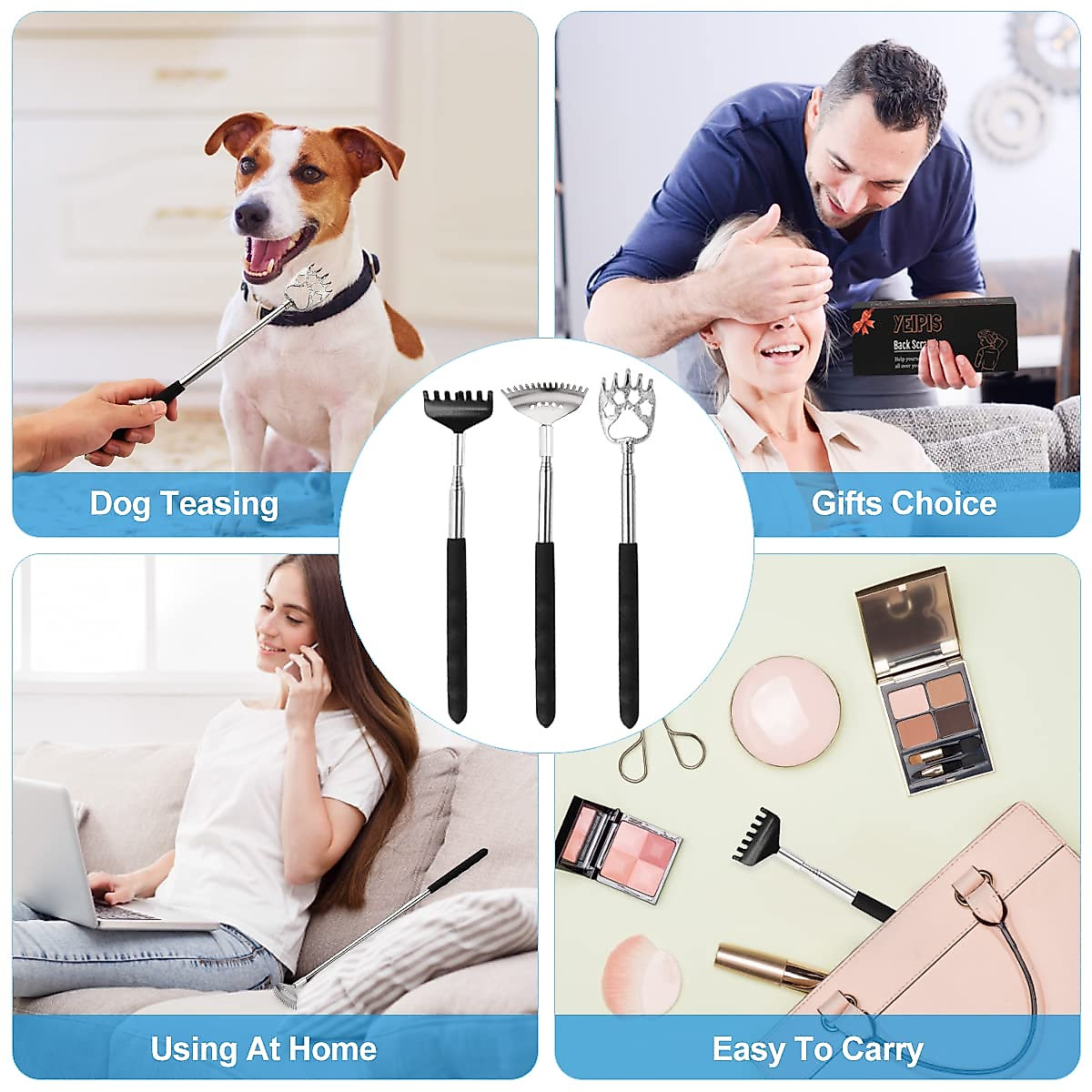 Yeipis 3 Pack Different Back Scratcher Metal Portable Telescoping with Rubber Handles, Extendable Back Massager Tool with Beautiful Box, Stocking Stuffers for Men Women Kids Adults (Black)