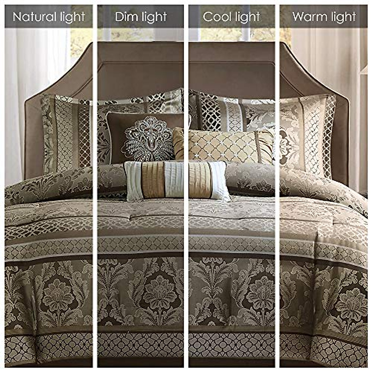 Madison Park Bellagio Cozy Comforter Set - Luxurious Jaquard Traditional Damask Design, All Season Down Alternative Bedding with Matching Shams, Decorative Pillow, King(104"x92"), Brown/Gold 7 Piece