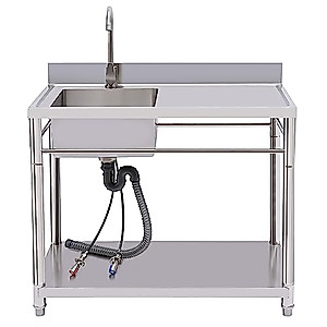 Stainless Steel Kitchen Sink Free Standing Commercial Restaurant Sink Set w/Hot and Cold Faucet, Prep & Utility Washing Hand Basin w/Workbench & Storage Shelves Indoor Outdoor