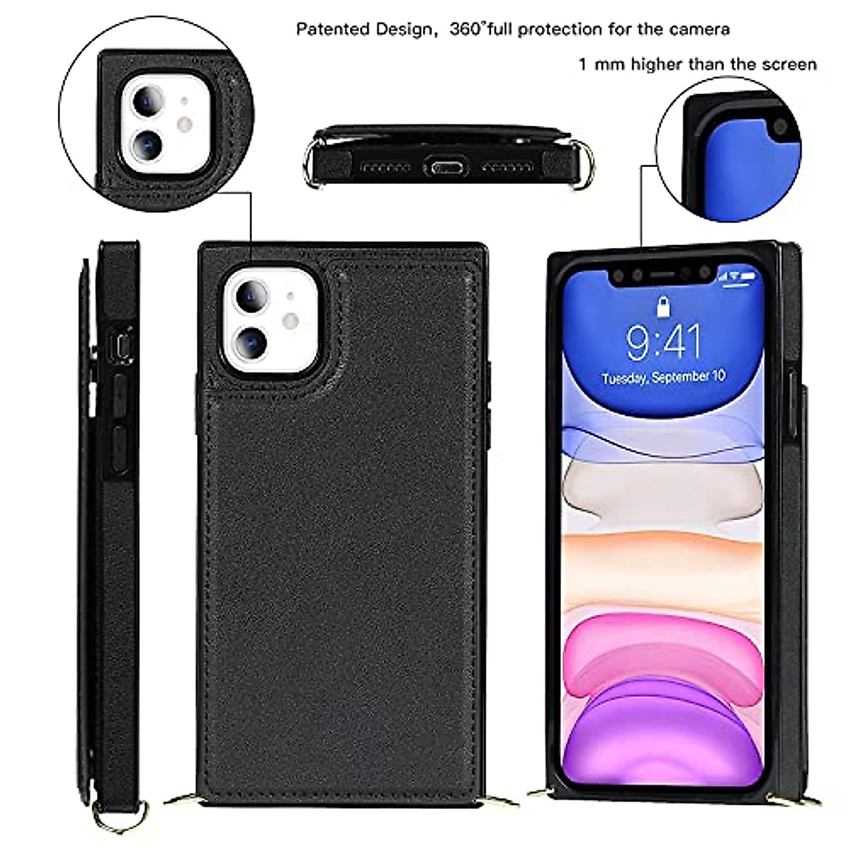 DEFBSC Compatible with iPhone 12 iPhone 12 Pro Case, Crossbody Wallet Case, Adjustable Detachable Lanyard Neck Strap with Kickstand Leather Card Holder Protective Cover-Black