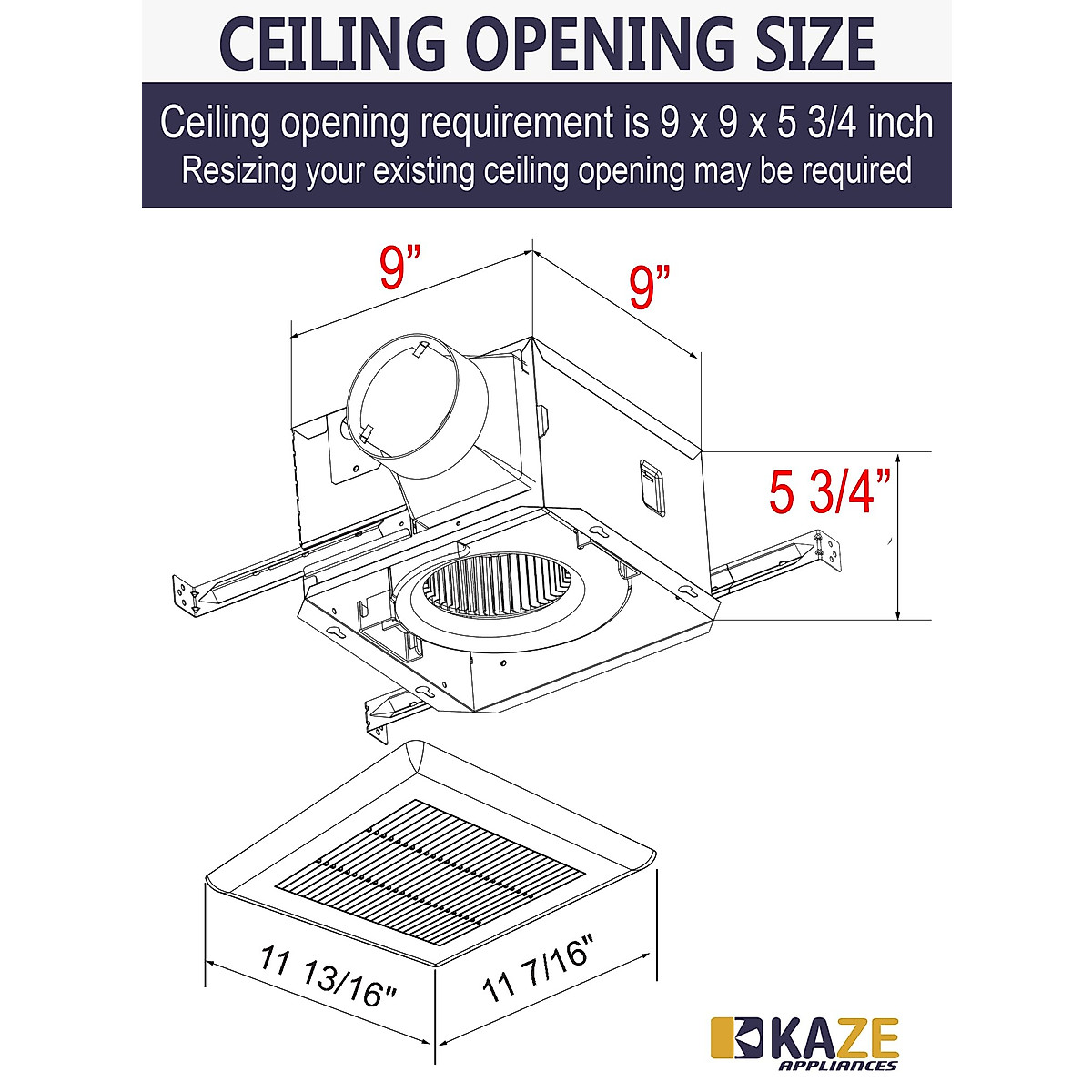 KAZE APPLIANCE SNP100 | 100 CFM | 0.8 Sone | No Attic Access Required Bathroom Ventilation Exhaust Extractor Fan