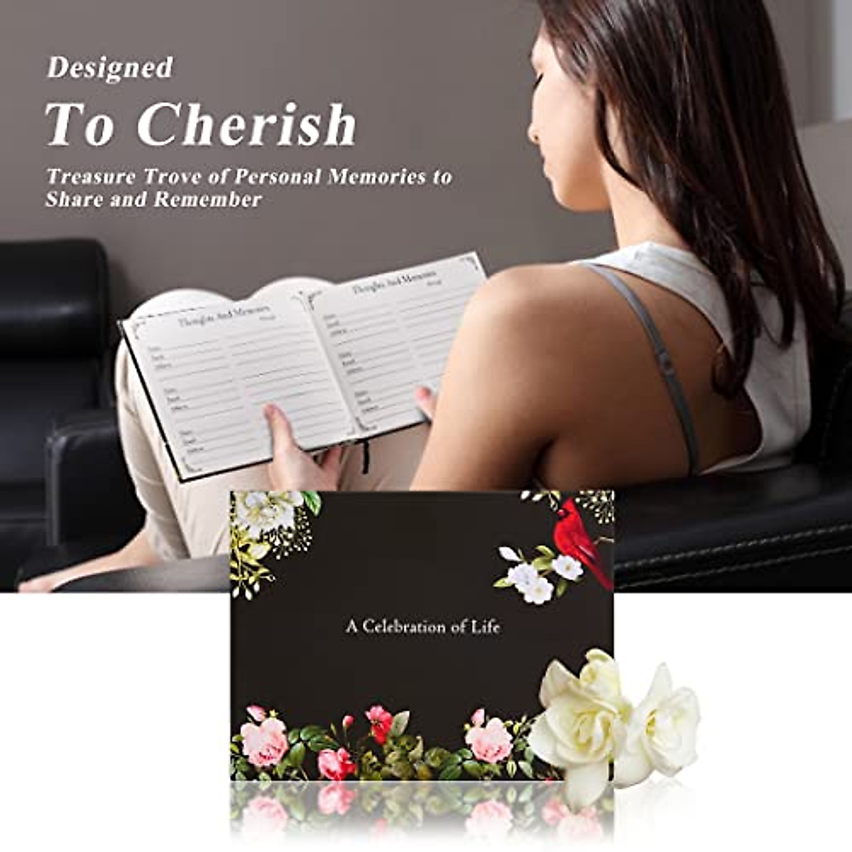 BADAWEN Funeral Guest Book, Celebration of Life Guest Book for Hardcover Green Cardinal Memorial Service Registry Decorations, Silver Pen and Memory Table Card Sign Included, Set of 5