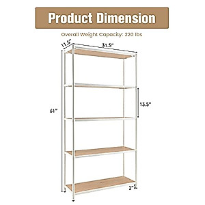 Giantex 5-Tier Industrial Bookshelf White - 61" Tall Open Display Shelving Rack with Anti-toppling Device, Adjustable Feet, Freestanding Storage Shelf for Living Room, Kitchen, Office, Bedroom