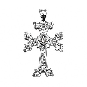 Religious Jewelry Sterling Silver Armenian Cross Solitaire Cubic Zirconia Pendant