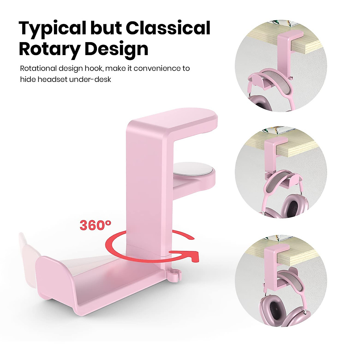 Rotating Headphone Stand - EURPMASK PC Gaming Headset Stand, Adjustable Clamp-on Headphone Holder, Headphone Hanger Hook Under Desk with 360 Degree Swivel&Cable Clip Organizer - Pink