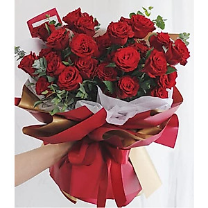 ALL SPECIAL 20 Sheet Waterproof Wrapping Paper No Folding Marks Double Sided Floral Wrapping Paper Florist Bouquet Material, for Mother's Day Party Birthdays Weddings Valentine's Day (red + gold)