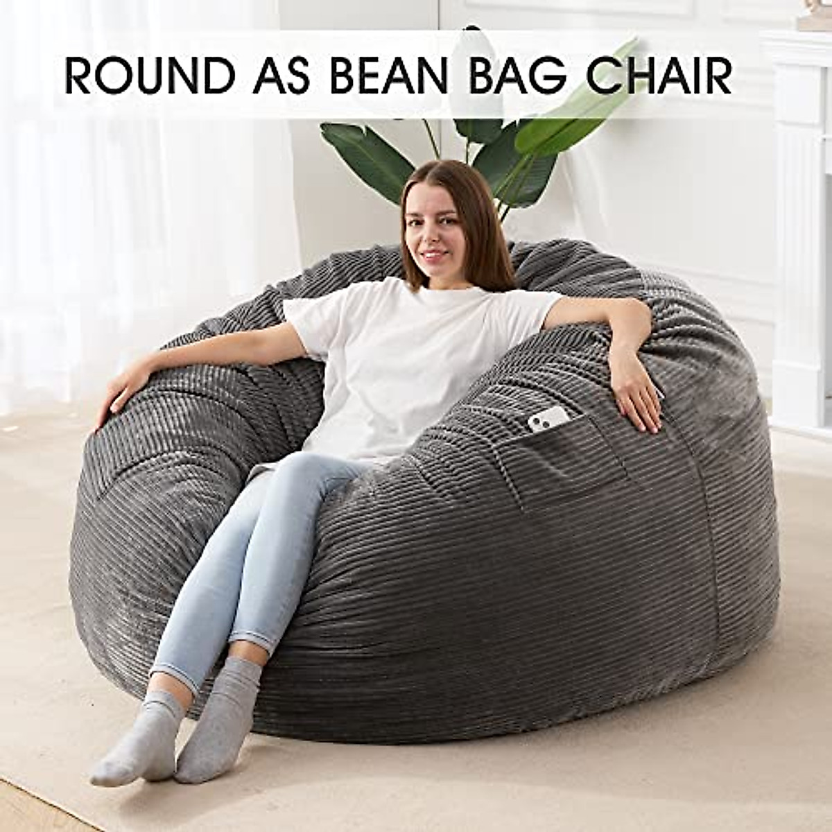 Homguava Corduroy Bean Bag Chair, Variable Shape from Bean Bag to Matress, Convertible Beanbag Chair for Home, Living Room(Grey, Full)