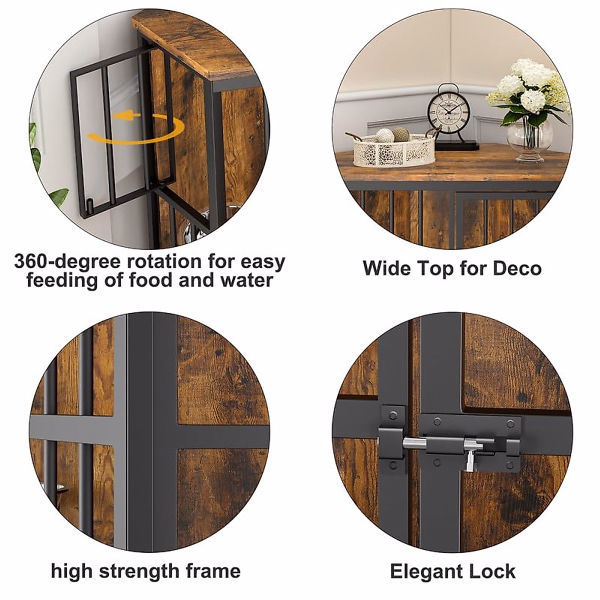 ROOMTEC 42 inch Furniture Dog Crate Corner, Dog Kennel Corner Wooden End Table with Bowl, Indoor Pet Crates Corner Side Table for Dogs, Wide Top Perfect for Limited Room