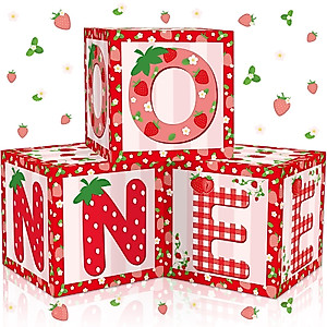 chiazllta 3Pcs Strawberry 1st Birthday Party Decorations Supplies Strawberry Themed One Balloon Boxes Backdrop Blocks Decor Berry First Red One Birthday Party Decoration for Kids Girls Baby Shower