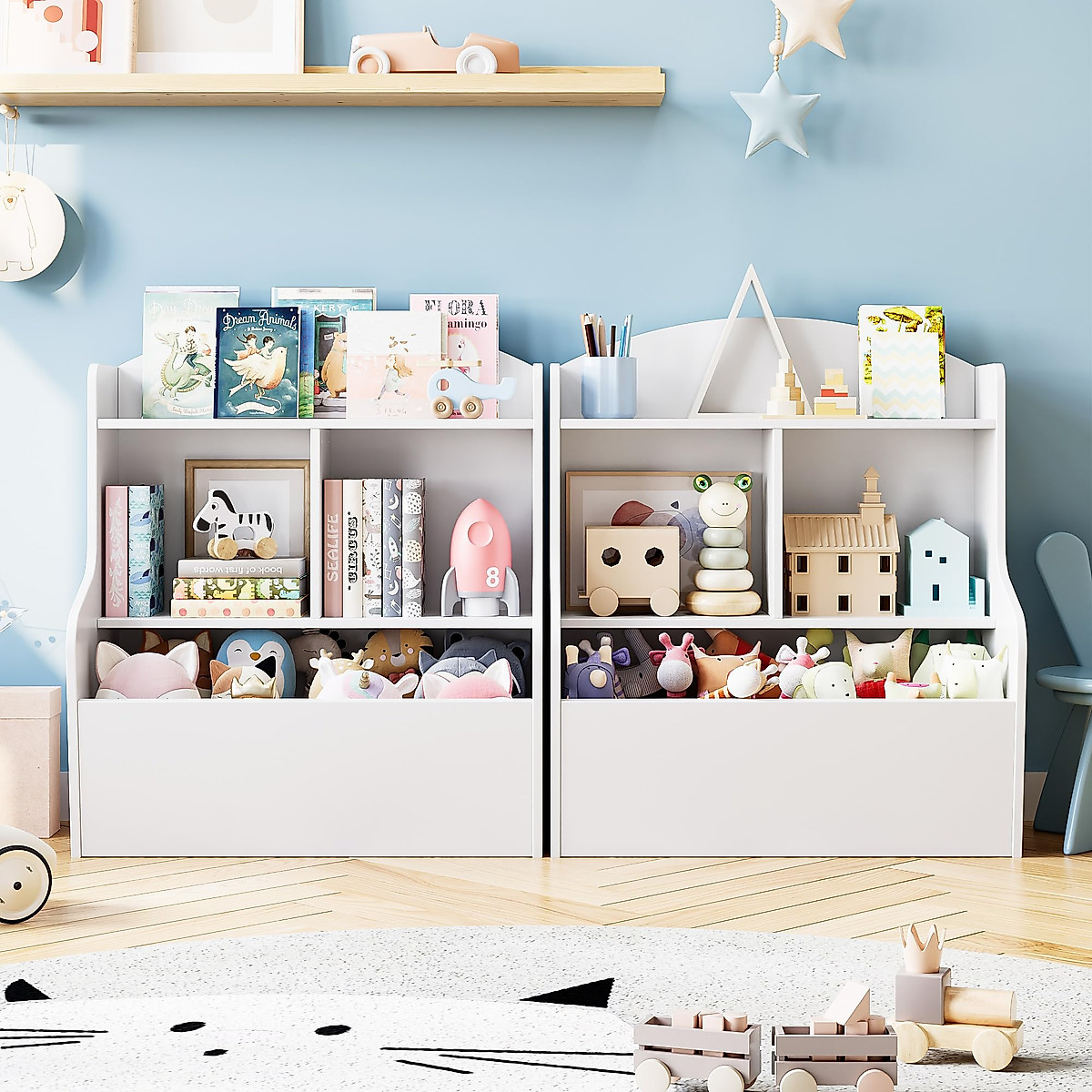 IDEALHOUSE 3-Tier Toy Storage Cabinet and Bookcase, Multi Shelf with Cubby Organizer Cabinet for Toys, for Playroom, Bedroom, Hallway and Kindergarten School, White