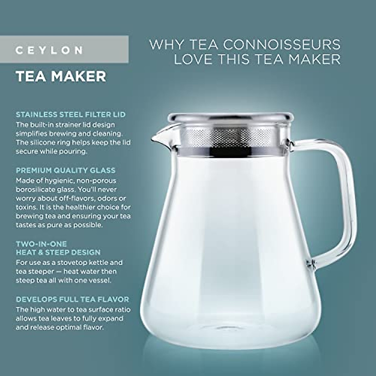 Teabloom One-Touch Tea Maker, 2-in-1 Kettle and Tea Steeper with Stainless Steel Filter Lid for Loose Tea – Heatproof Glass Teapot (27 Oz) – Tea Connoisseur's Choice