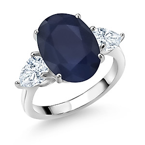 Gem Stone King 925 Sterling Silver Blue Sapphire & White Moissanite Ring For Women | 7.91 Cttw | 14X10MM Oval & 7X5MM Pear Shape | Available In Size 5, 6, 7, 8, 9