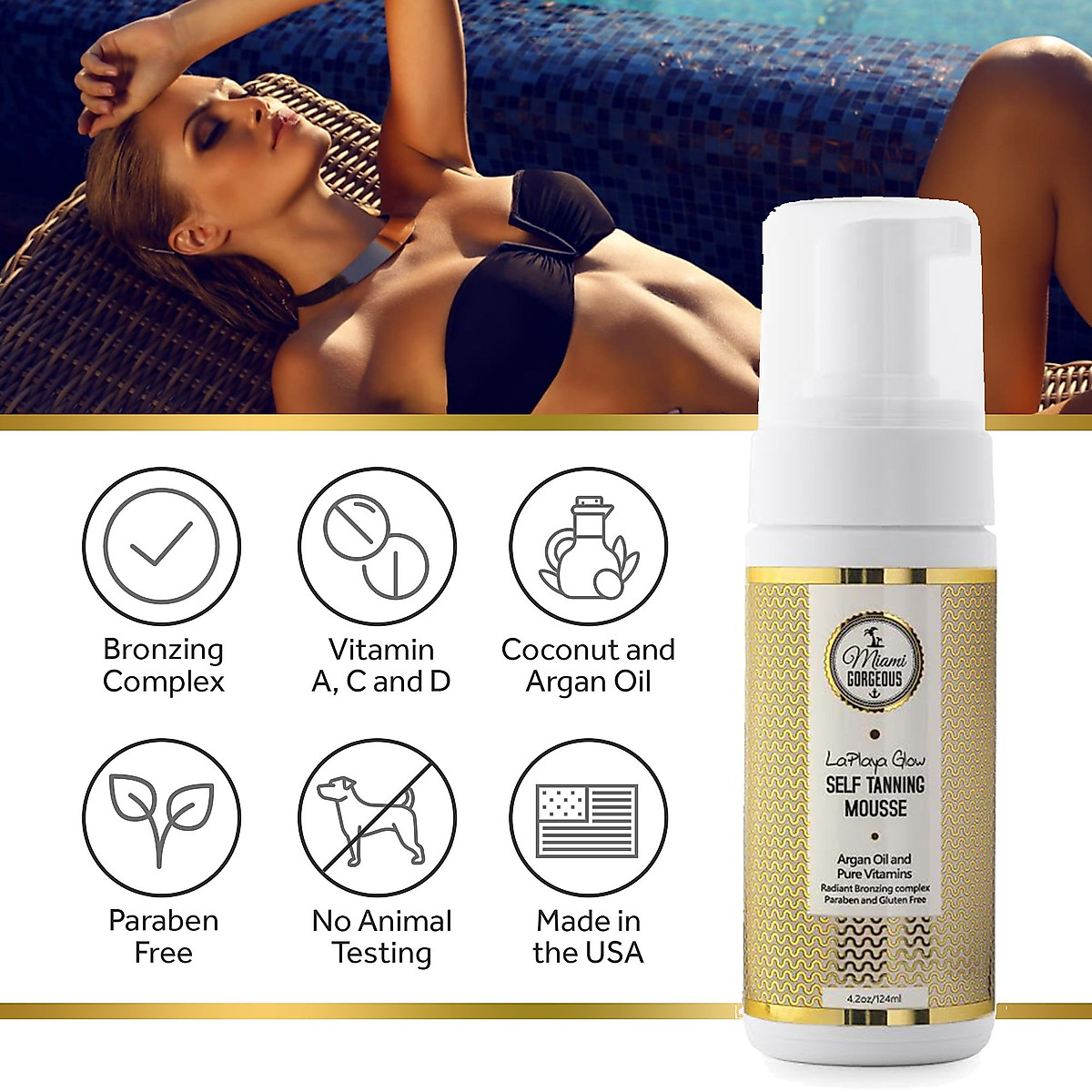 Miami Gorgeous Self Tanning Mousse LaPlaya Glow Instant Self Tanner Bronzing Mousse to Tan Skin Organic Ingredients Best Natural Self Tanner Satisfaction Guarantee 4.2 oz