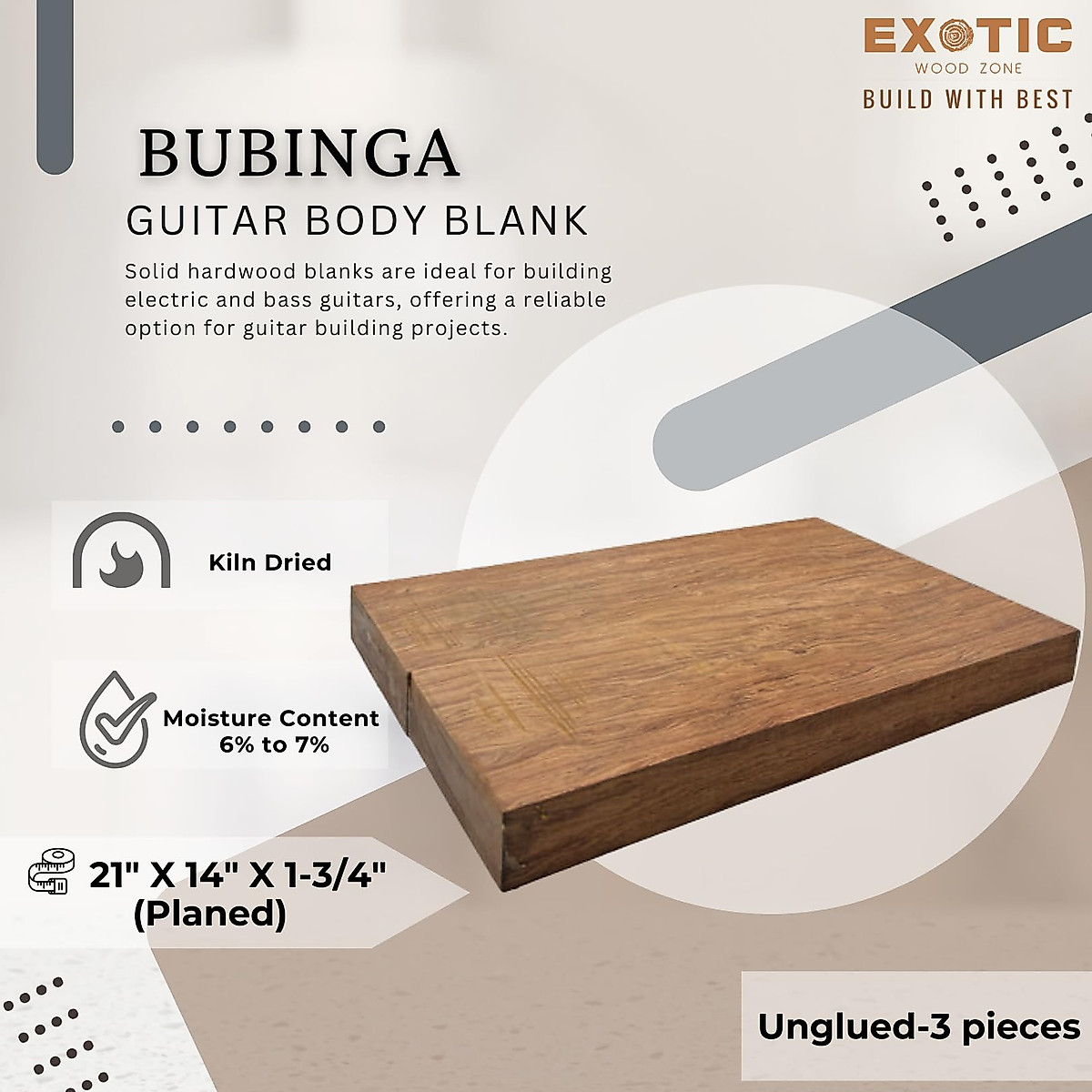 Exotic Wood Zone | Bubinga Electric/Bass Musical Guitar Luthier Tonewood Body Blanks | 21" x 14" x 1-3/4" - Unglued Planed (2 Pcs)