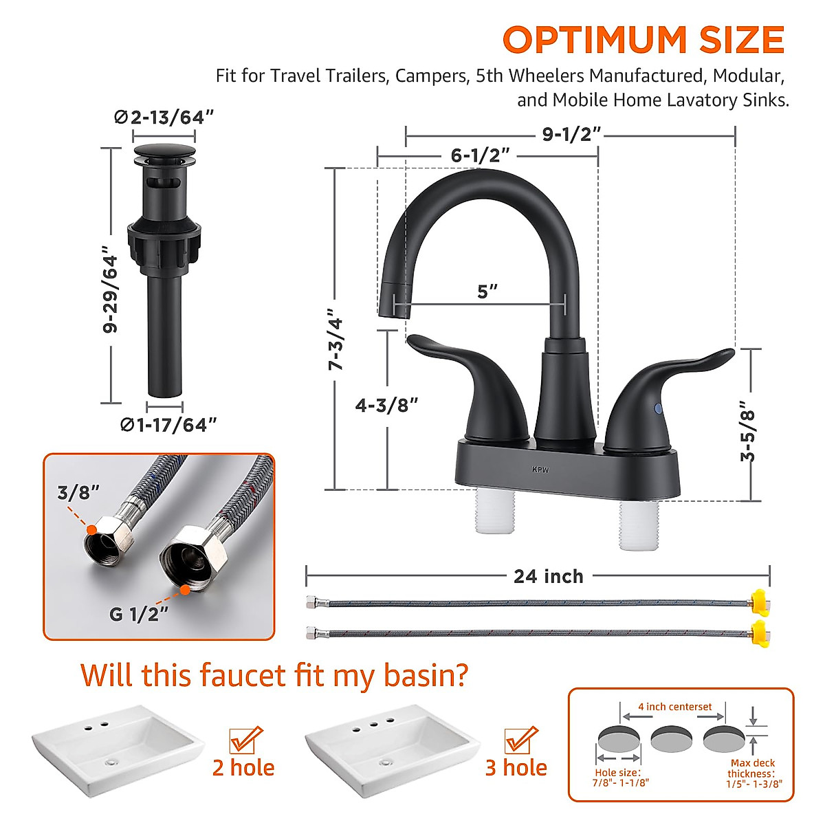 KPW Bathroom Sink Faucet 2 or 3 Hole Matte Black Centerset 4 Inch Bathroom Sink Faucet 2 Handle Plating Over ABS Plastic Non-Metallic Lavatory Bathroom Faucet with Pop up Drain Water Supply Hoses