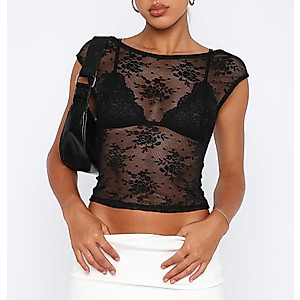 Women Summer Short Sleeve Top Y2k Floral Lace Backless Top Sexy See Through Mesh Crop Top Slim Fit Tee Going Out Tops(A2-Floral Black,S)