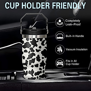 30oz Insulated Cow Tumbler with Handle, Featuring a Leak-proof 2-in-1 Lid and Straw, a Vacuum-insulated Travel Coffee Mug, Portable Stainless Steel Water Bottle, Suitable for Both Women and Men