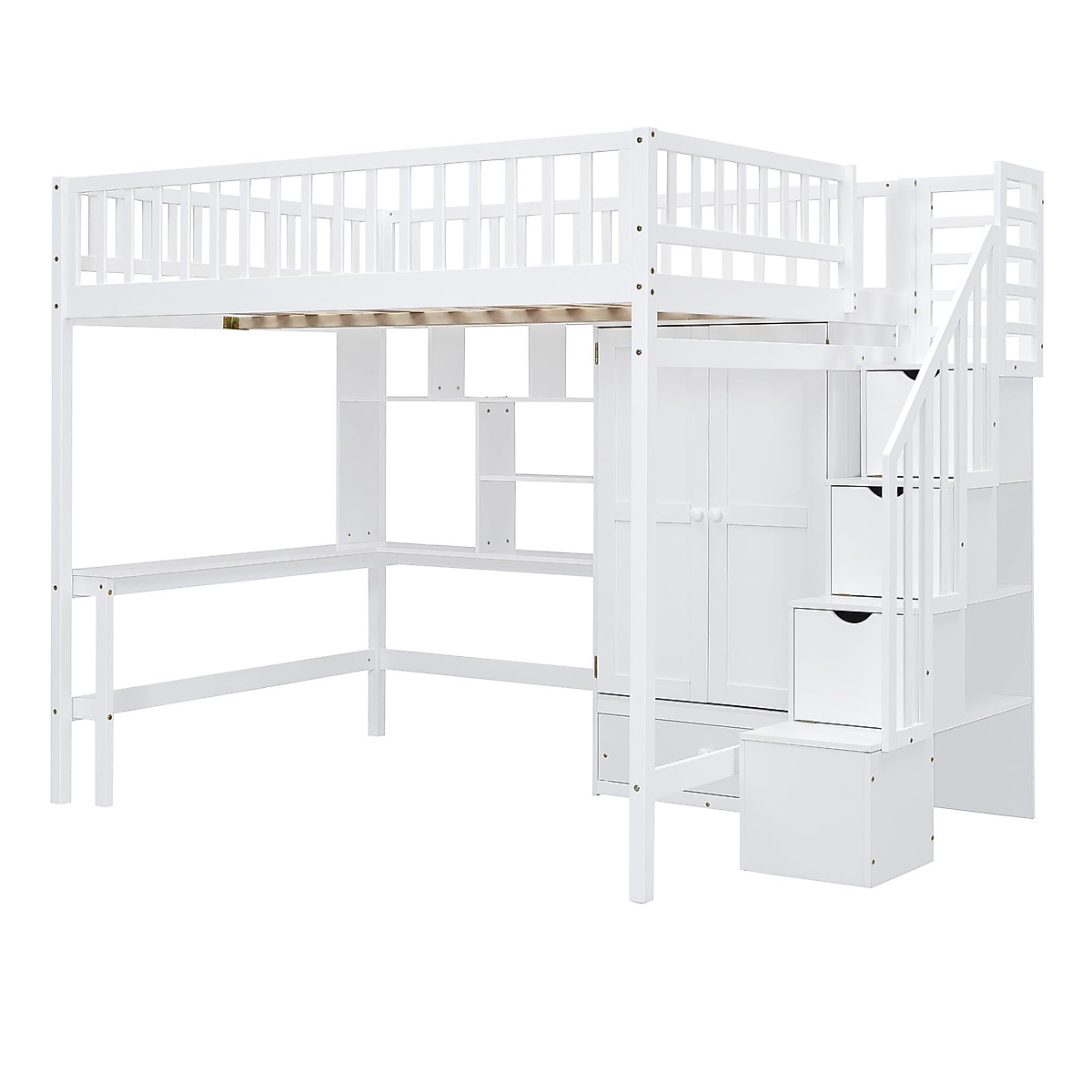 Merax Full Loft Beds Stairway Loft Bed Frame with Wardrobe, Desk, Bookshelf and Drawers, White