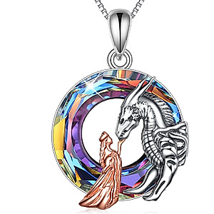 LUHE Dragon Necklace Gifts for Women Sterling Silver Crystal Dragon Necklace Queen Princess Stroking Dragon Jewelry