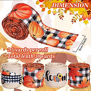 Whaline 30 Yard Fall Thanksgiving Wired Edge Ribbon White Black Buffalo Plaids Ribbon Autumn Leaves Pumpkin Truck Craft Ribbon Rustic Vintage Farmhouse Wrapping Ribbon for Wreath Floral Bow, 4 Rolls