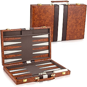 AMEROUS Backgammon Set, 15 Inches Classic Board Game with Leather Case, Folding Board, Gift Package, Portable Travel Strategy Backgammon Game Set for Adults, Kids (Medium, Brown)