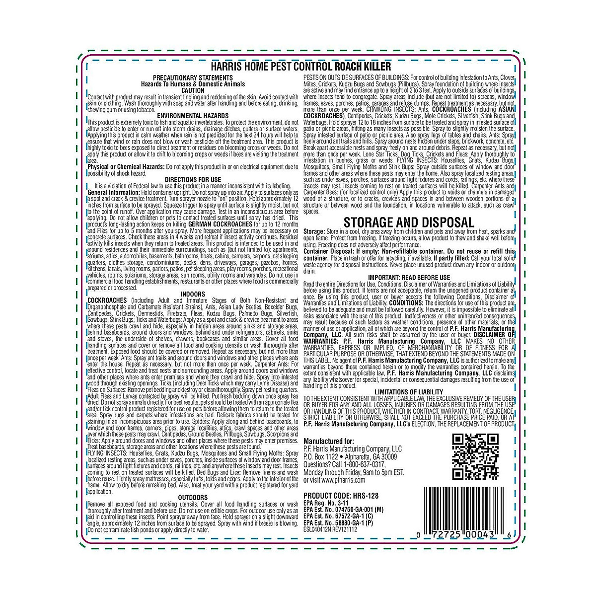 Harris Roach Killer, Liquid Spray with Odorless and Non-Staining 12-Month Extended Residual Kill Formula (Gallon)