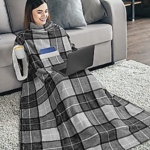 PAVILIA Deluxe Fleece Blanket with Sleeves for Women Men Adult, Wearable Blanket Warm Cozy, Super Soft Sleeved Throw with Arms Pocket, Gift for Women Mom Wife (Plaid Charcoal)