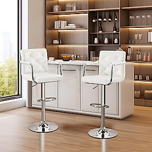 VECELO Bar Stools, Adjustable Bar Stools Set of 4, Counter Height Barstool with Back and Arms, Swivel PU Leather Bar Chairs for Kitchen/Island, White