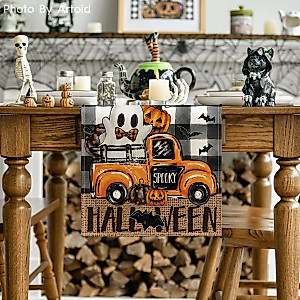 Artoid Mode Buffalo Plaid Bat Pumpkin Ghost Truck Spooky Halloween Table Runner, Sensonal Kitchen Dining Table Decor for Home Party 13 x 72 Inch