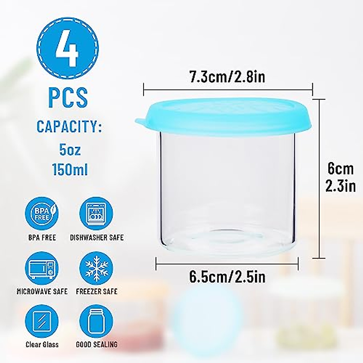 Kieaisy Glass Snack Containers, 4x5oz Small Glass Food Storage Jars, Portable Kids Lunch Containers with Silicon Lids, Condiment Container with Lids | Reusable & Microwave & Dishwasher Safe