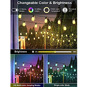Jevindo Solar Outdoor String Lights, Portable 48ft IP65 Waterproof Patio RGB LED String Lights with 15 LED Bulbs Dimmable Multi-Color, Smart Bluetooth App Control, Balcony, Backyard, Camping, Travel