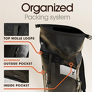 Earth Pak Waterproof Backpack - Heavy Duty Hiking Backpack - Roll-Top Closure - Waterproof Bag - Cushioned Dry Bags Waterproof w/ IPX8 Waterproof Phone Case - Wet Bag for Hiking, Kayak(Black, 35L)