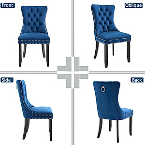Rhomtree Set of 2 Velvet Fabric Dining Chairs Luxury Tufted Back with Nailed Trim and Back Ring Pull Home Kitchen Dining Room Chairs Armless Accent Side Chairs Solid Rubber Wood Legs, Set of 2 (Blue)