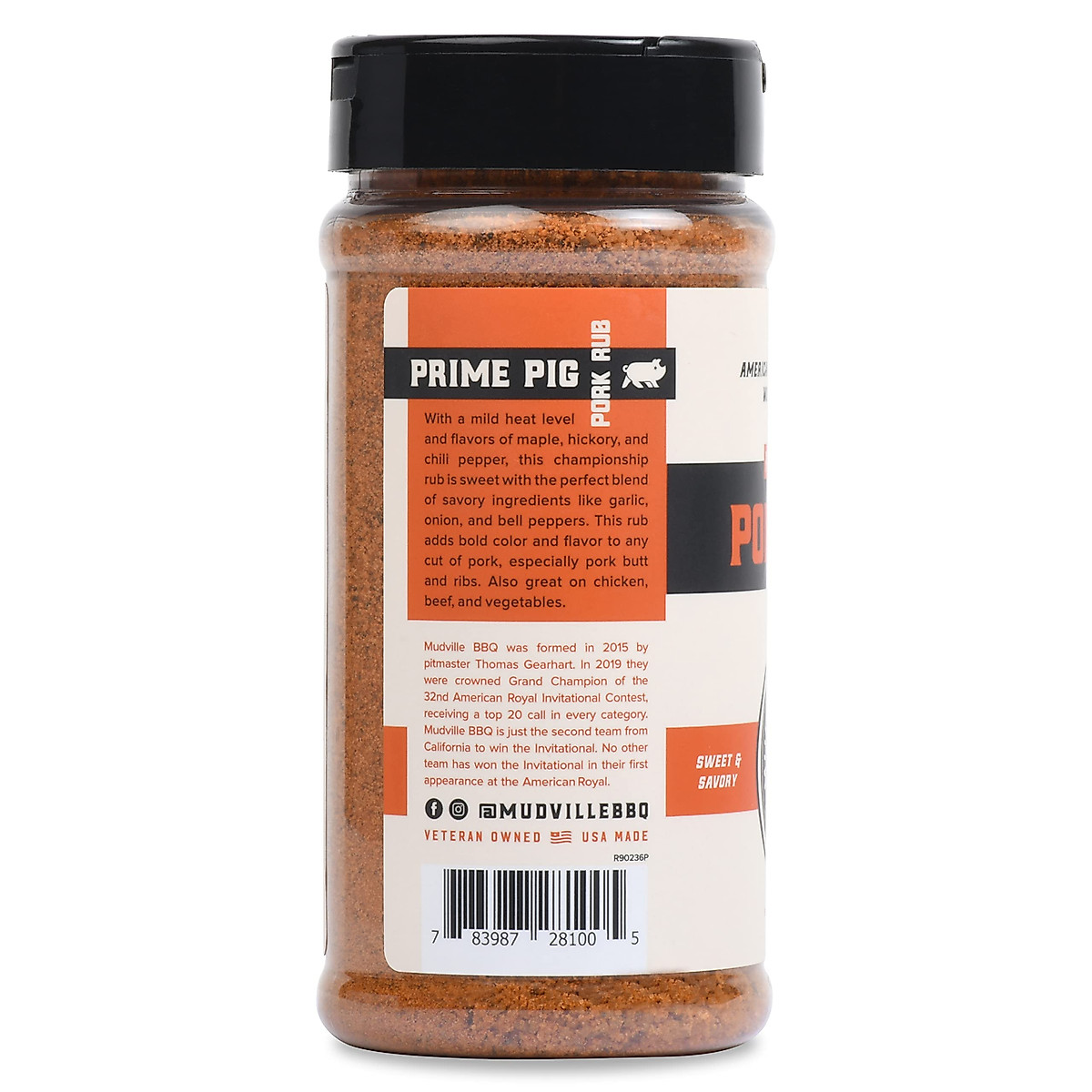 Mudville BBQ Prime Pig Pork Rub Seasoning, Sweet & Savory, World Champion Pitmaster Recipe, 12.8 oz Shaker Bottle