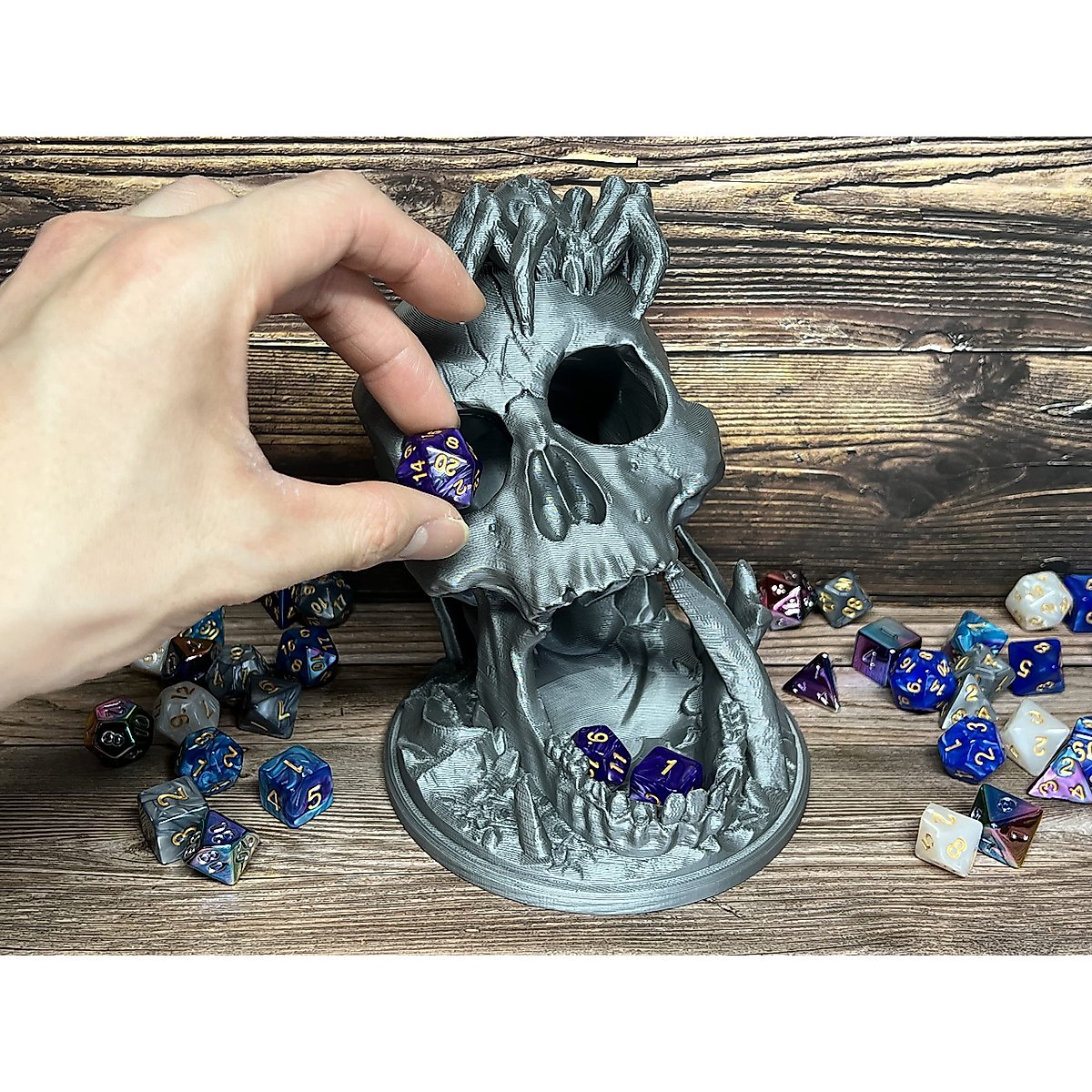 MunnyGrubbers - 6.5" Skull Dice Tower - (Random 7PCS D20 Dice Set Included) - No Paint Odorless Plastic - Tabletop Roleplaying Game - Dice Roller - Dungeons and Dragons - DND - D&D - (Silver)