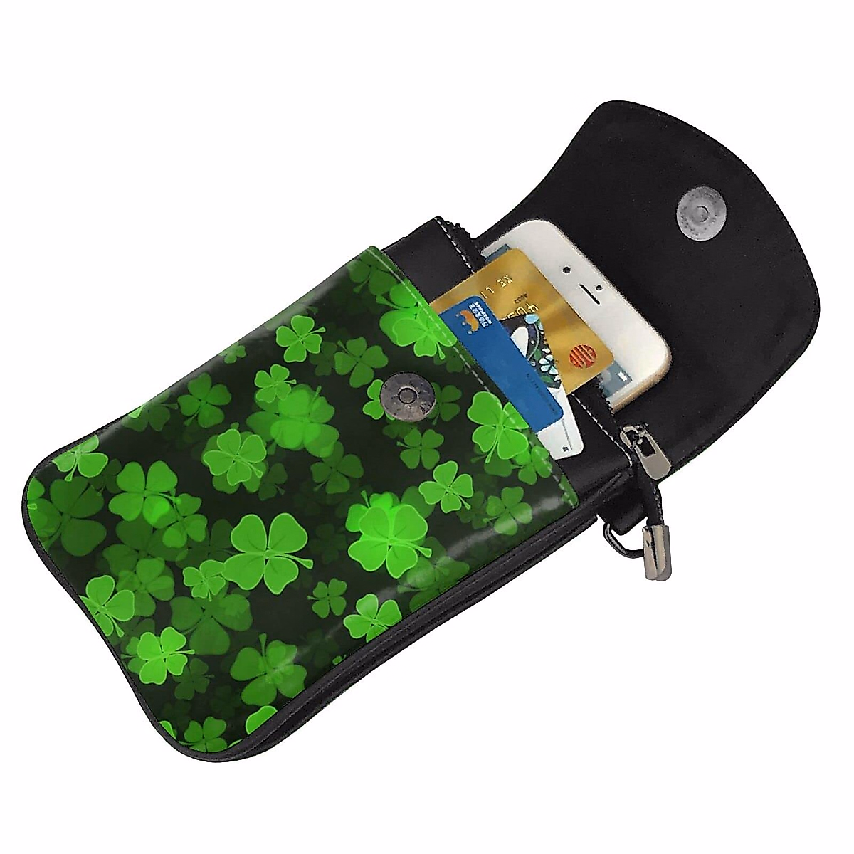 Women's Cell Phone Pouch Small Leather Crossbody Bags St Patricks Day Green Shamrock Clover Leaf Grass Black Printed Wallet Purses with Adjustable Strap Mini Shoulder Bag Card Holder Wallet