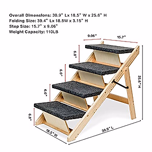 MEWANG Wooden Dog Stairs/Steps - Foldable 4 Levels Pet Stairs & Ramp Perfect for Beds and Cars - Portable Dog/Cat Ladder Up to 110 Pounds