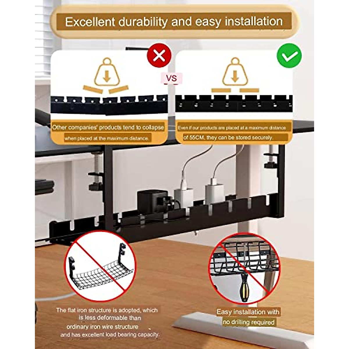 desktop cable management –under desk cable with Adhesive Cable Clips, Cable Hooks, Hook and Loop Cable Holder – Cord Organizer for Desk, Reception, Office – Adjustable Wire Holder (Black)