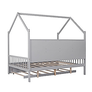 Merax Wood Full Multifunctional Montessori Daybed with Trundle/Storge Shelf Low Day Bed for Kids Boys Girls No Box Spring Needed Gray